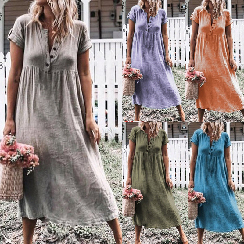 Midi Dress Frock Style Cut with Buttons and Short Sleeves